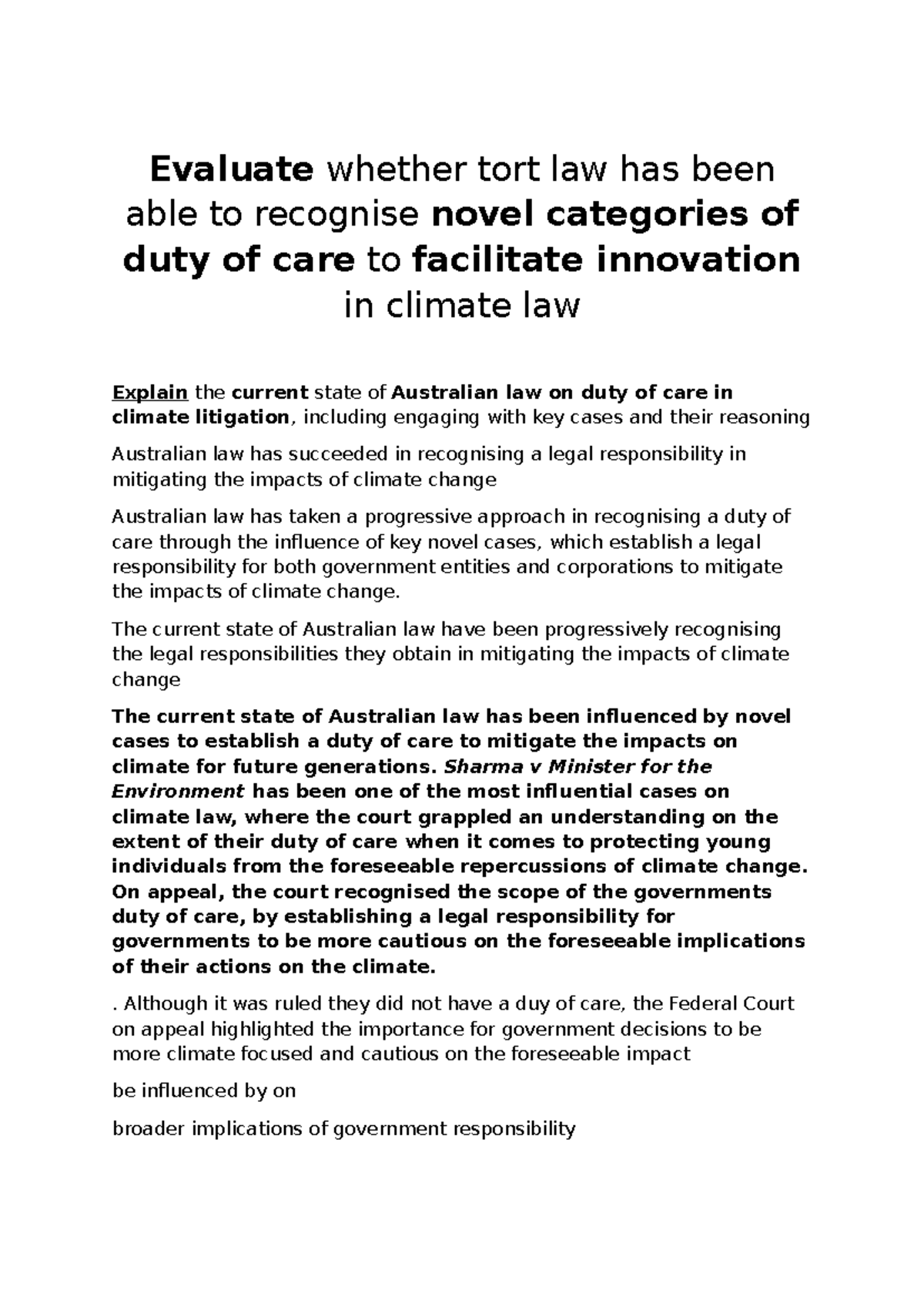 Torts LAWS2400 - Duty of Care in Climate Law: Current Trends and Cases ...