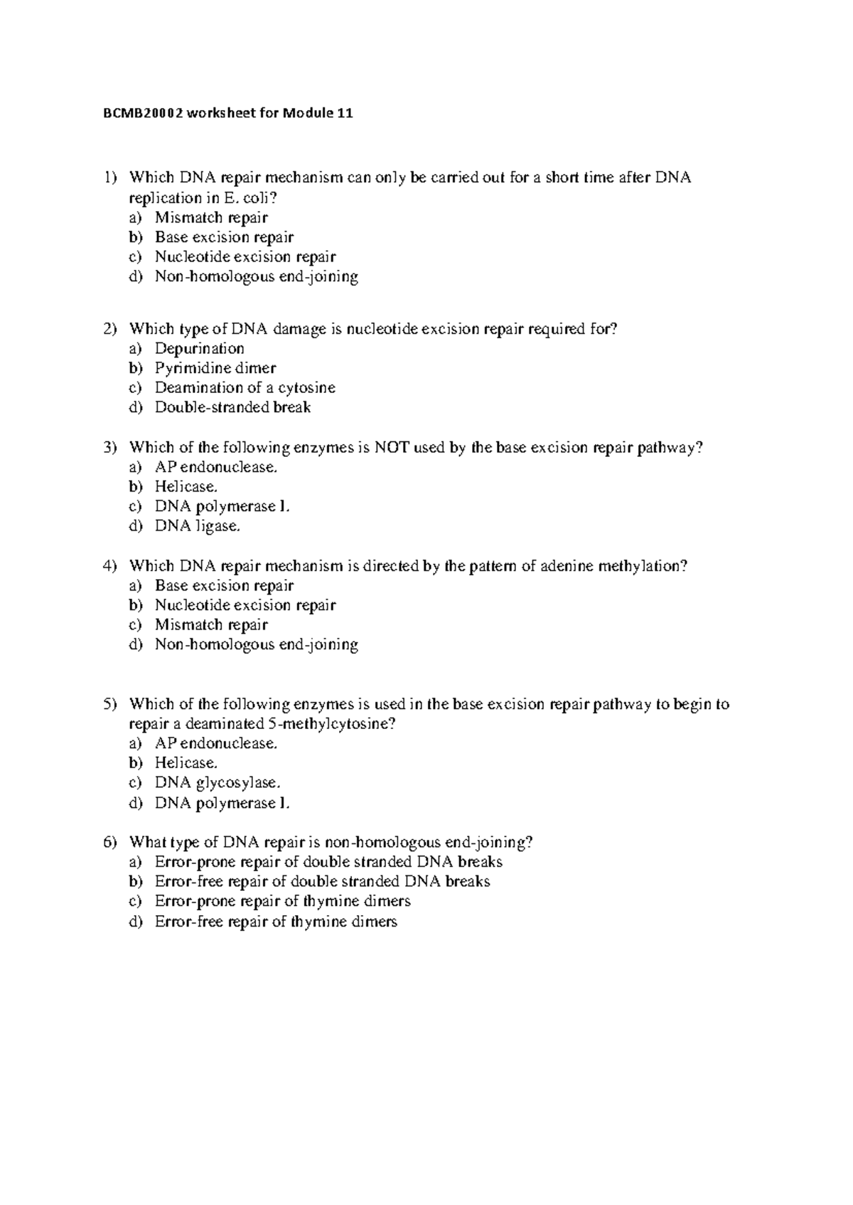 Worksheet Module 11 - exam type questions - BCMB20002 worksheet for ...