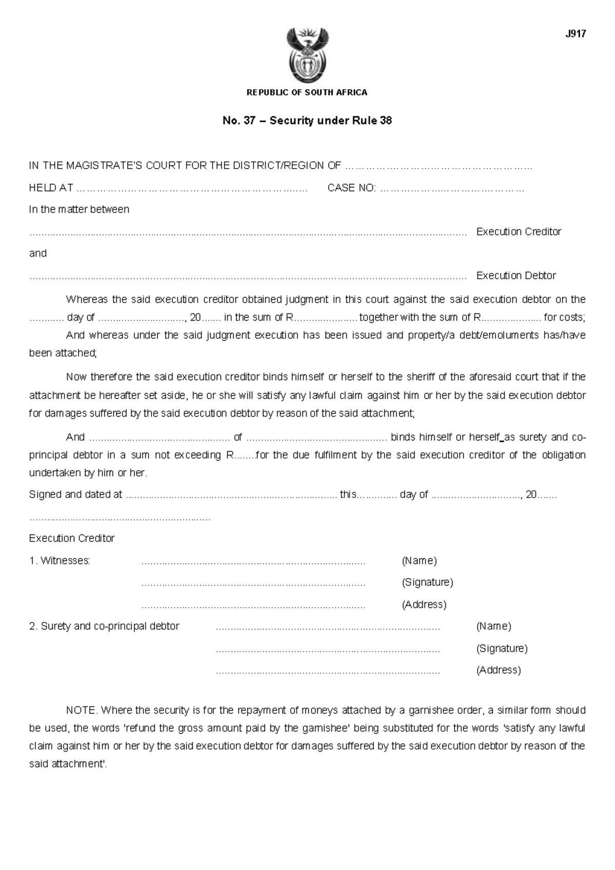 J917 - Form 37 - Security Under Rule 38 for Attached Possessions - Studocu