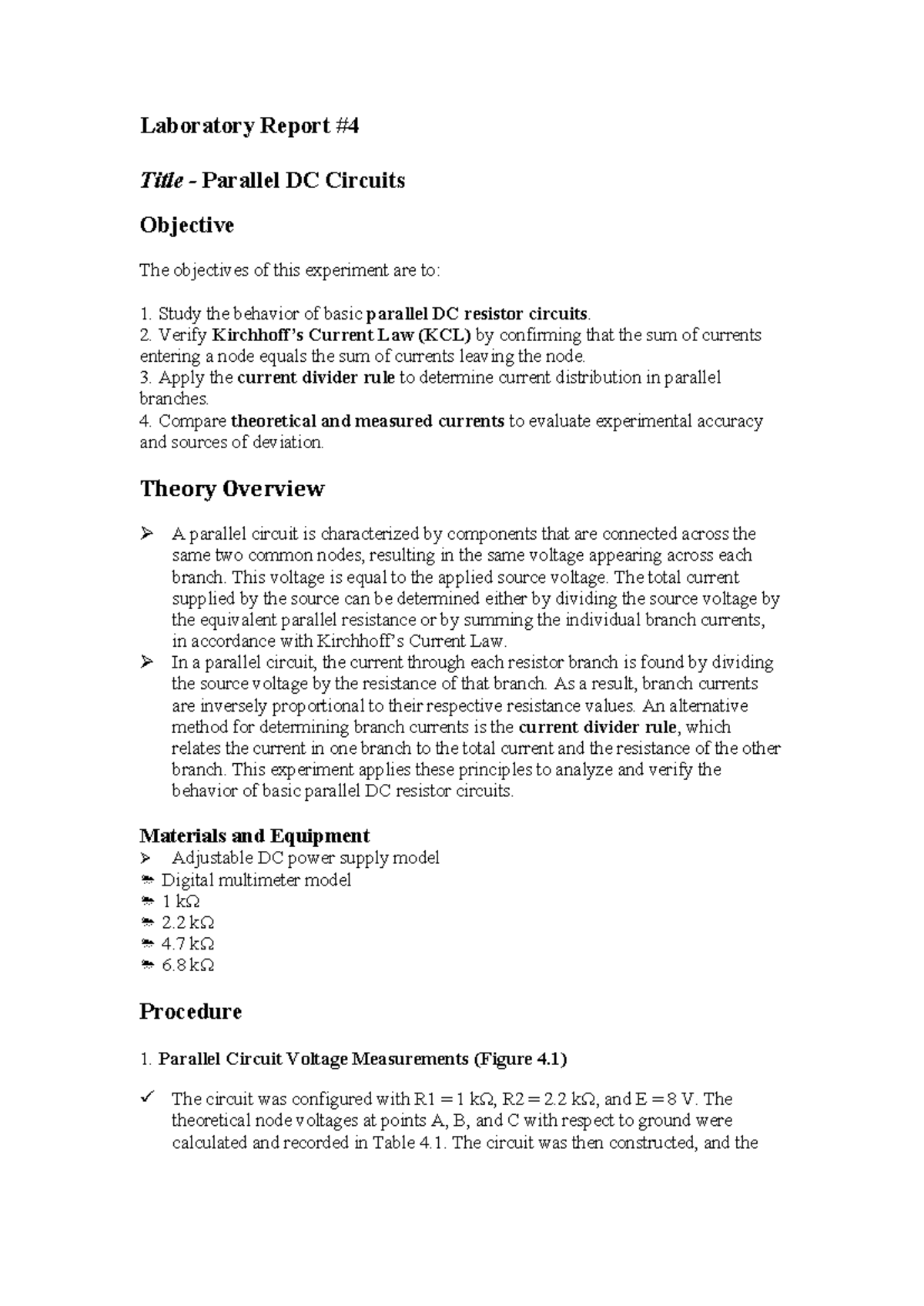 Circuit Lab Report #4: Parallel DC Circuits Analysis and KCL ...