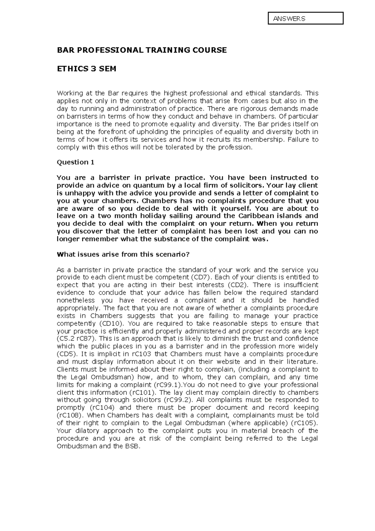 Ethics 3 Q & Answers - BAR PROFESSIONAL TRAINING COURSE ETHICS 3 SEM ...