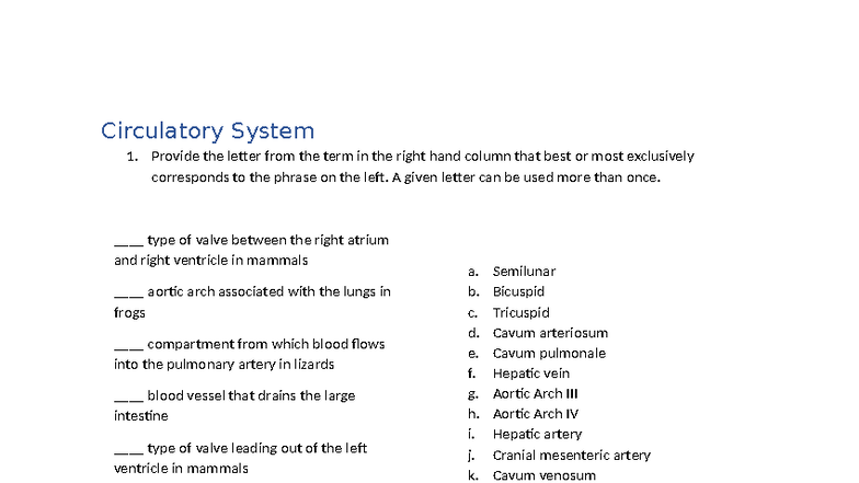 Circulatory and Respiratory Systems Review Questions - ZOOL330 Midterm ...