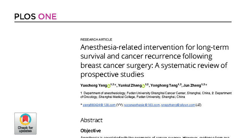 Anesthesia-Related Interventions for Survival & Recurrence Post-Breast ...