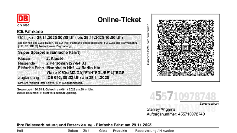 DB Ticket ICE 692: Gültigkeit 28.11.2025 bis 29.11.2025 - Studocu
