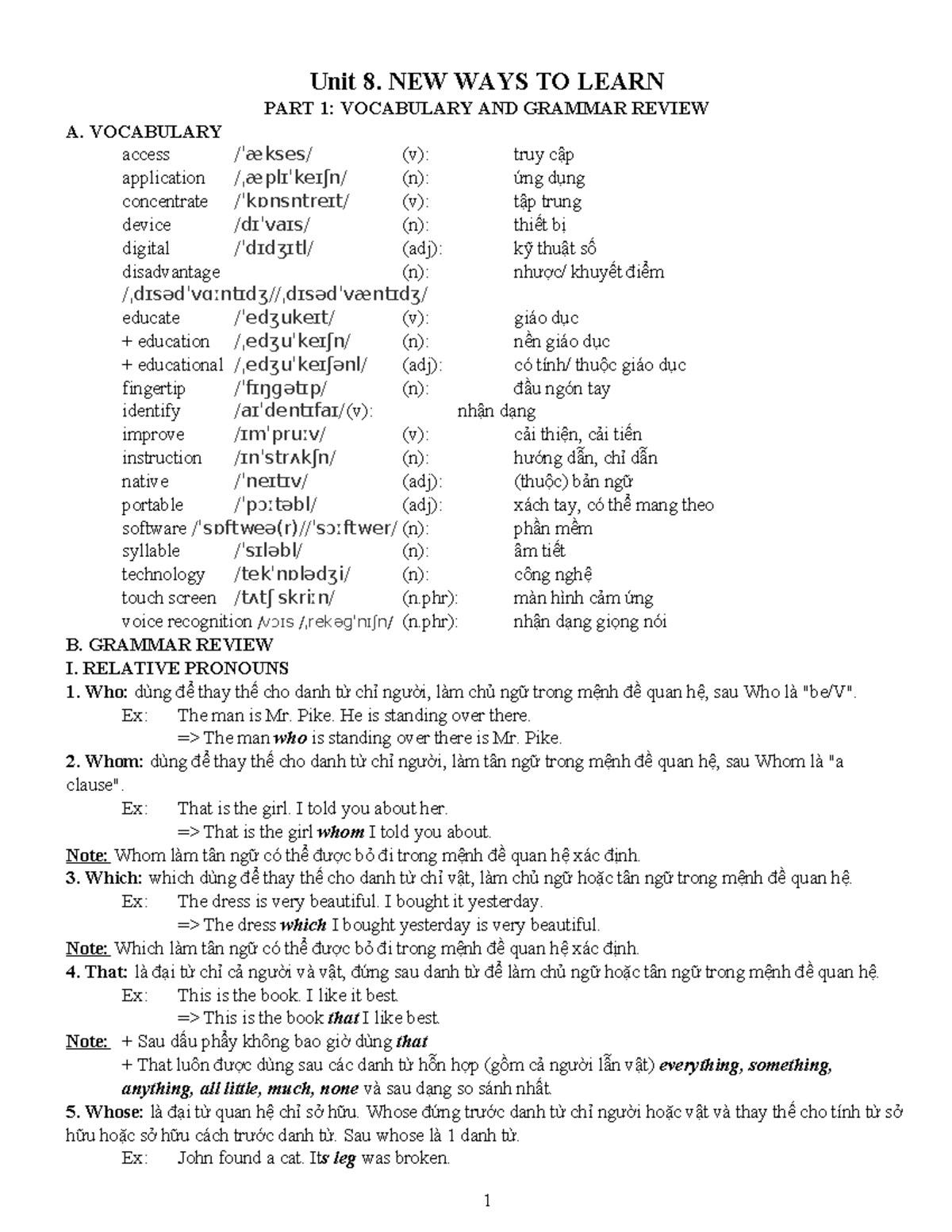 10th Unit 8: Vocabulary & Grammar Review on Learning Methods - Studocu