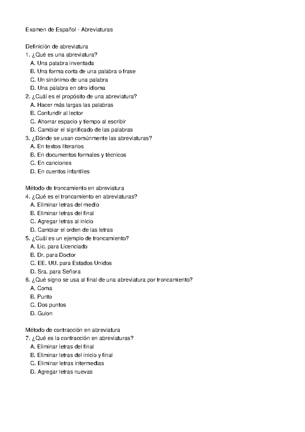 Examen de Español: Abreviaturas y Ejercicios de Gramática - Studocu