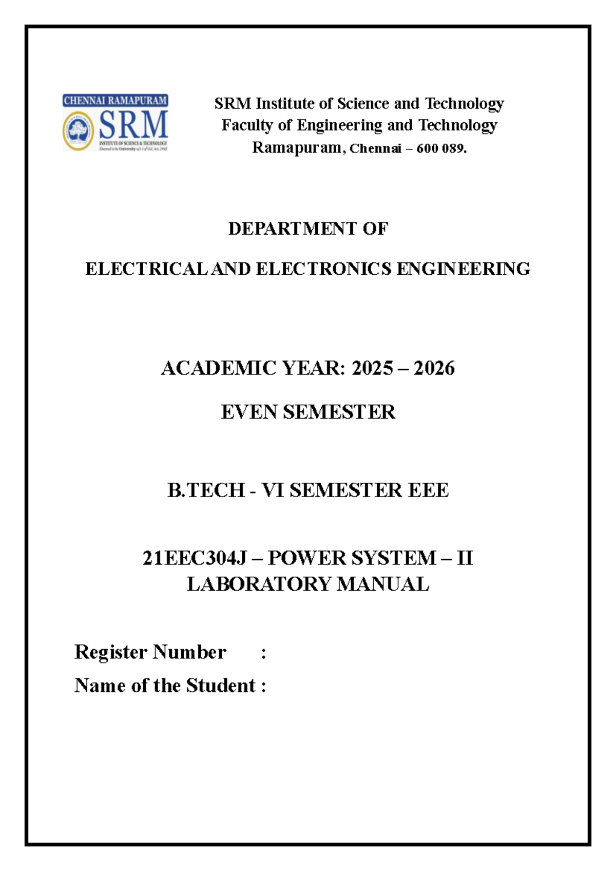 Power System II Lab Manual - 21EEC304J - Studocu