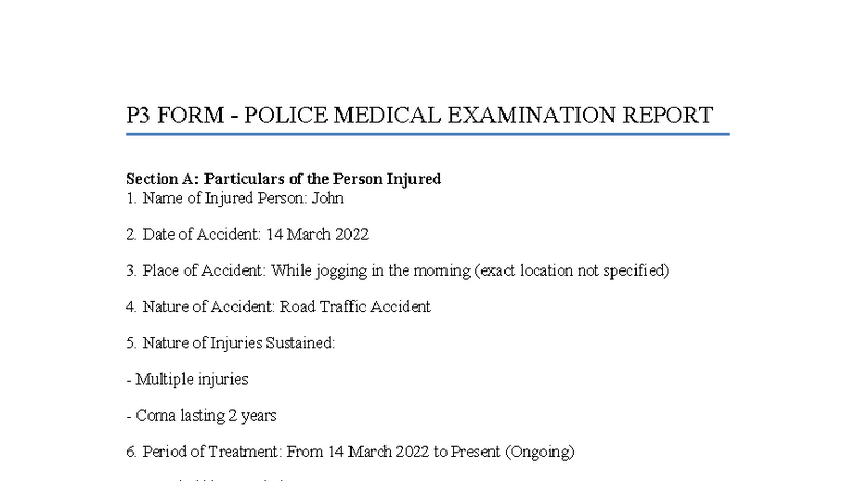 P3 Form Medical Examination Report for John - Road Traffic Accident ...