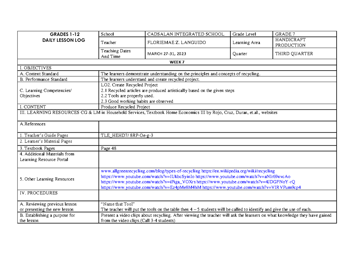 TLE HANDICRAFT Daily Lesson Log for Grade 7 (3rd Quarter) - Studocu