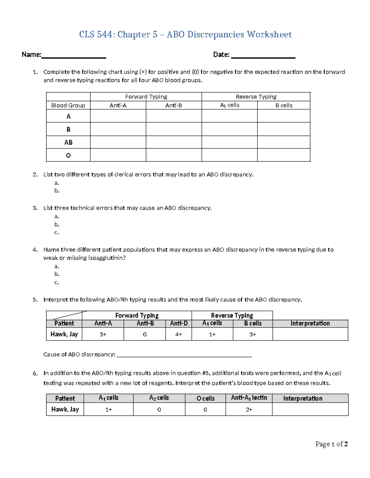 CLS 544: Week 3 - ABO Discrepancies Worksheet - Studocu