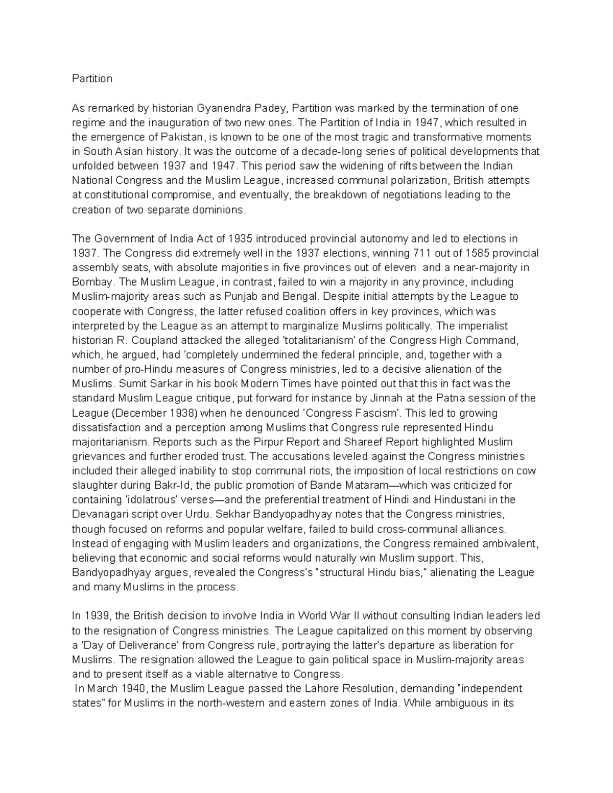 Partition of India: Historical Context and Consequences (HIST 101 ...