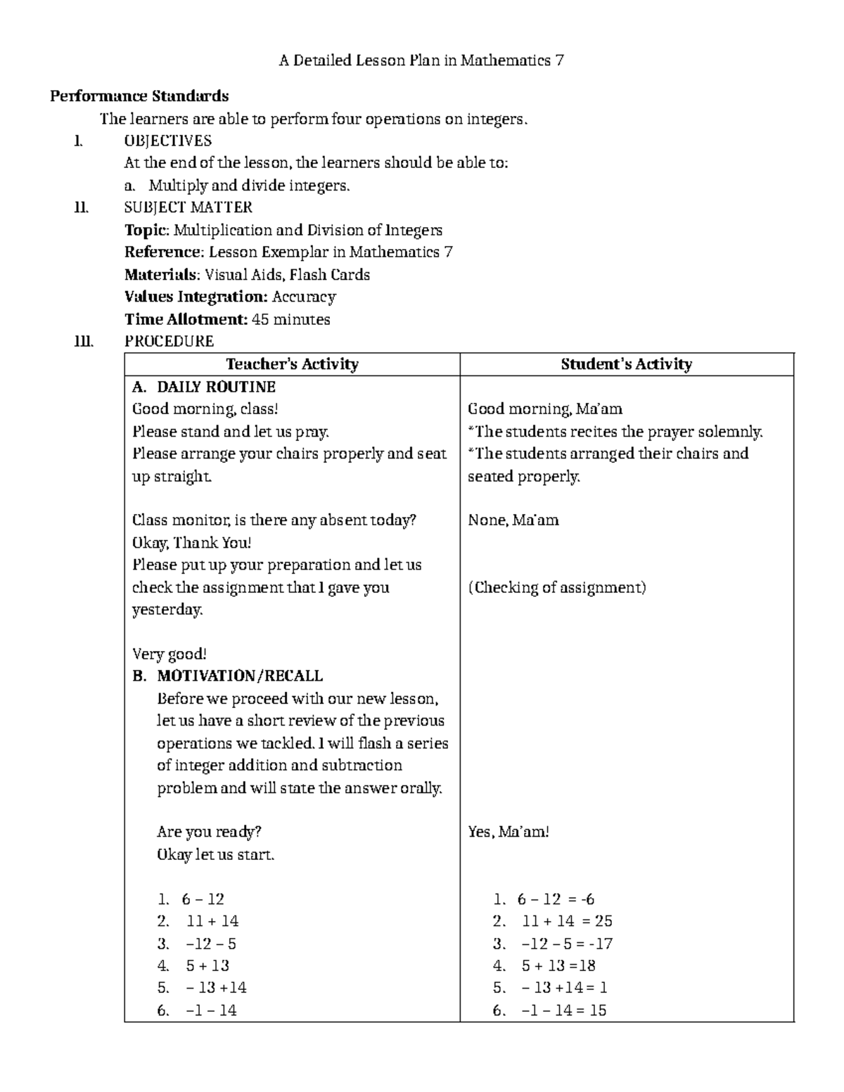 DLP: Lesson Plan on Multiplication & Division of Integers (Math 7 ...