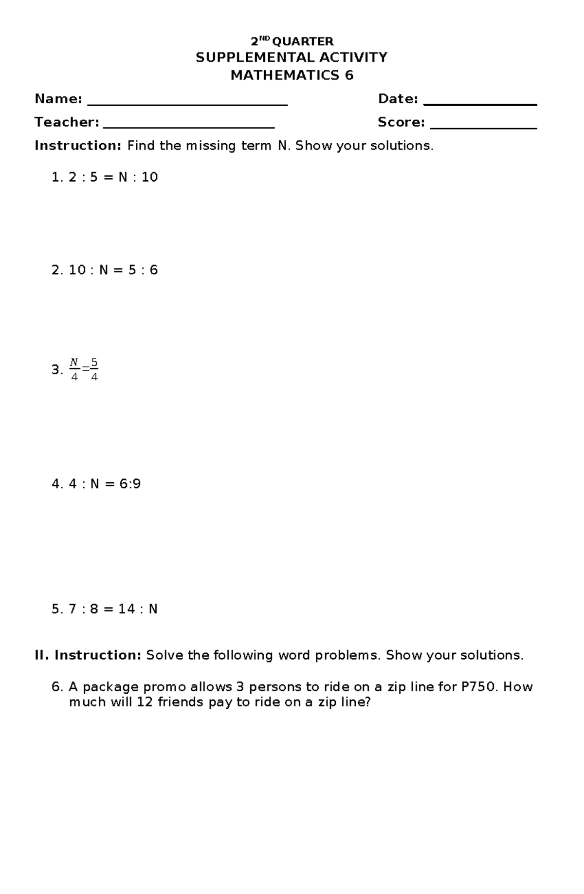Supplemental math 6 - For math 6 - 2 ND QUARTER SUPPLEMENTAL ACTIVITY ...