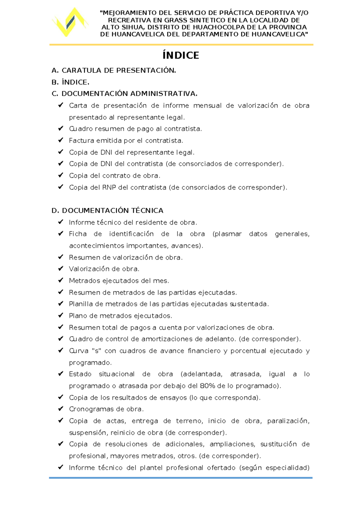 Informe Mensual de Valorización de Obra - Alto Sihua - Studocu