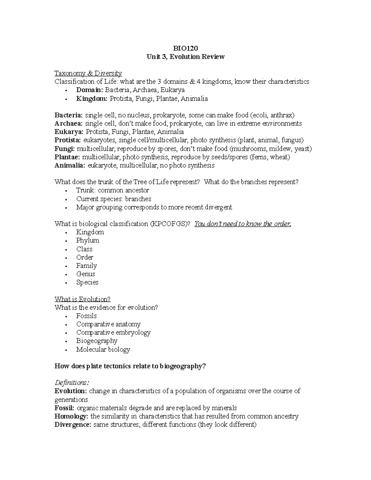 BIO120 Unit 3 Final Exam Review - Evolution and Taxonomy Insights - Studocu