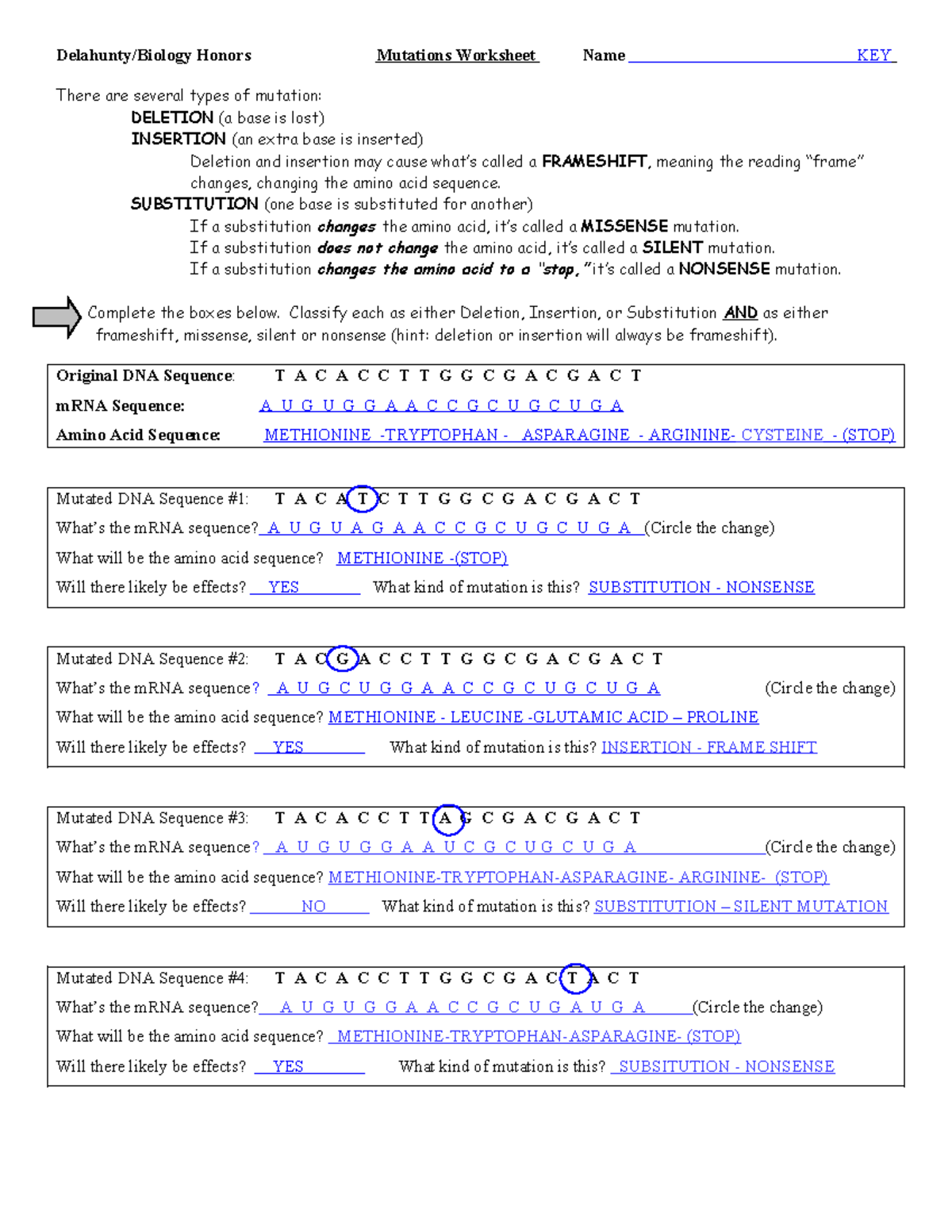 Grade 10 Biology Mutations Worksheet - Analysis and Key - Studocu