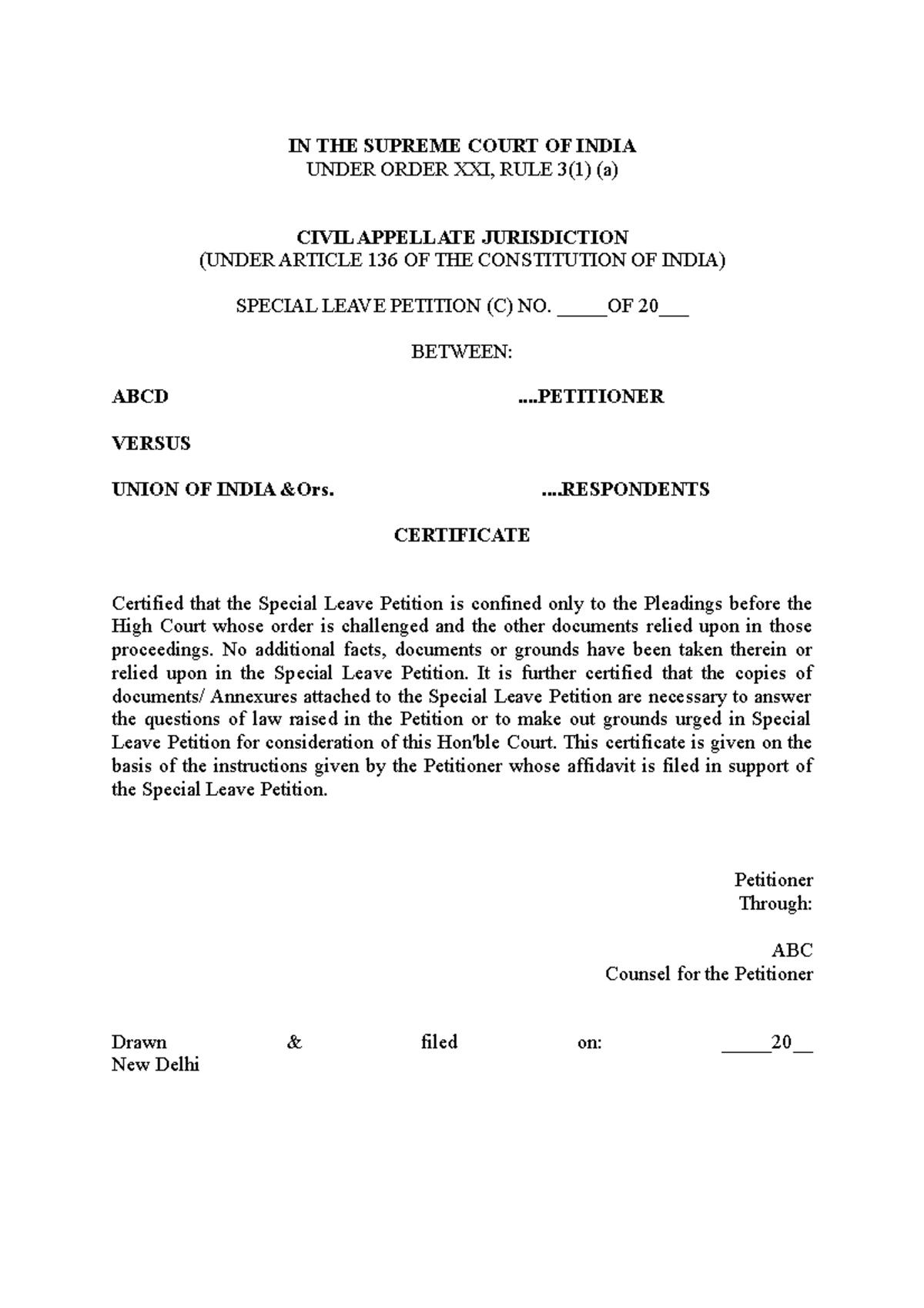 Format of AOR Certificate to be filed with SLP. Advocate on Record certificate for Special Leave ...