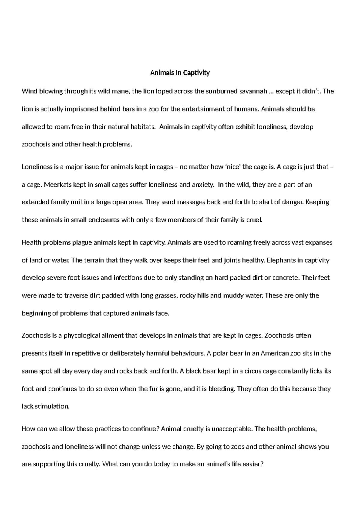 Persuasive Essay on Animal Cruelty in Captivity (Course Code: PZ 101 ...