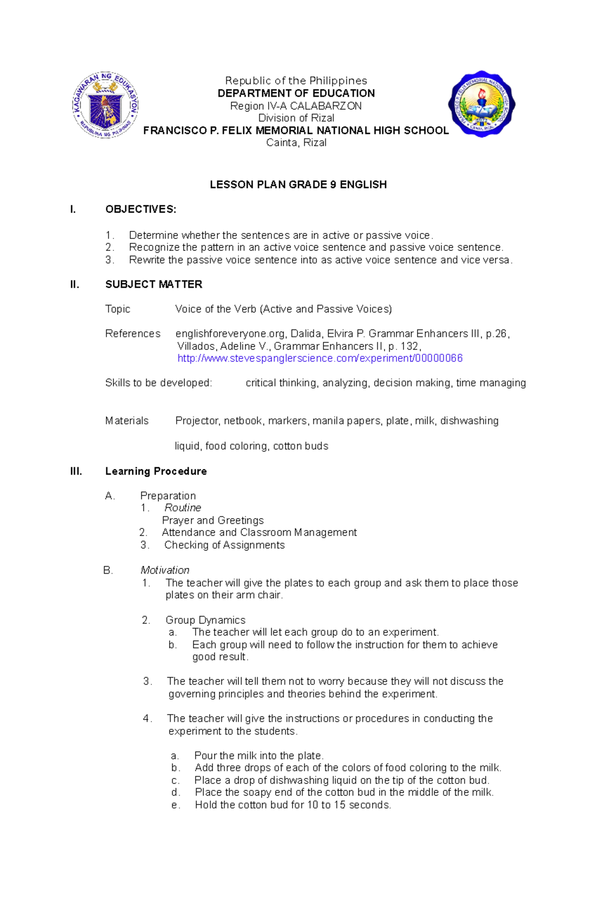 Grade 9 English Lesson Plan: Active and Passive Voice Activities - Studocu