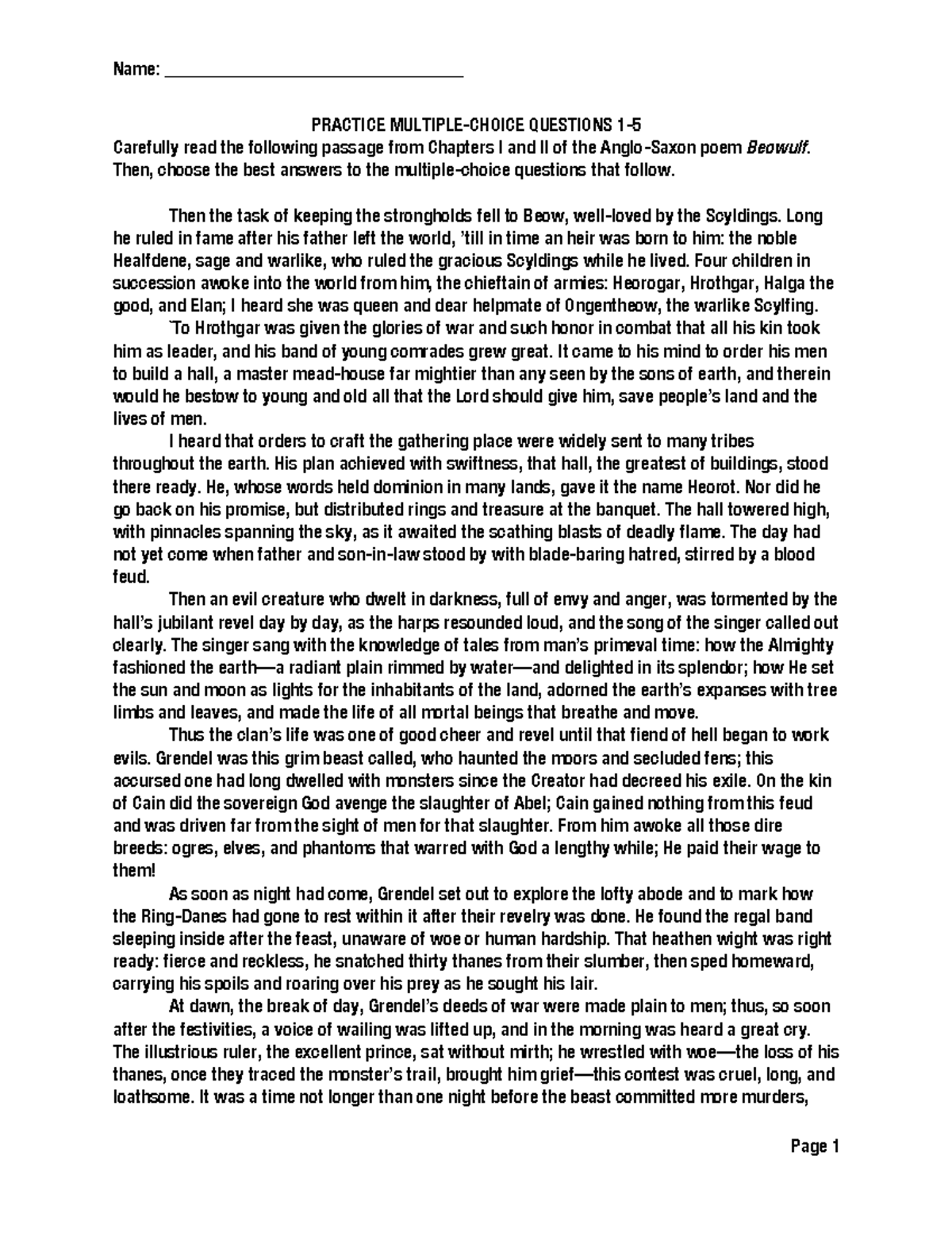 Beowulf AP Practice MC - Reviewer - PRACTICE MULTIPLE-CHOICE QUESTIONS ...