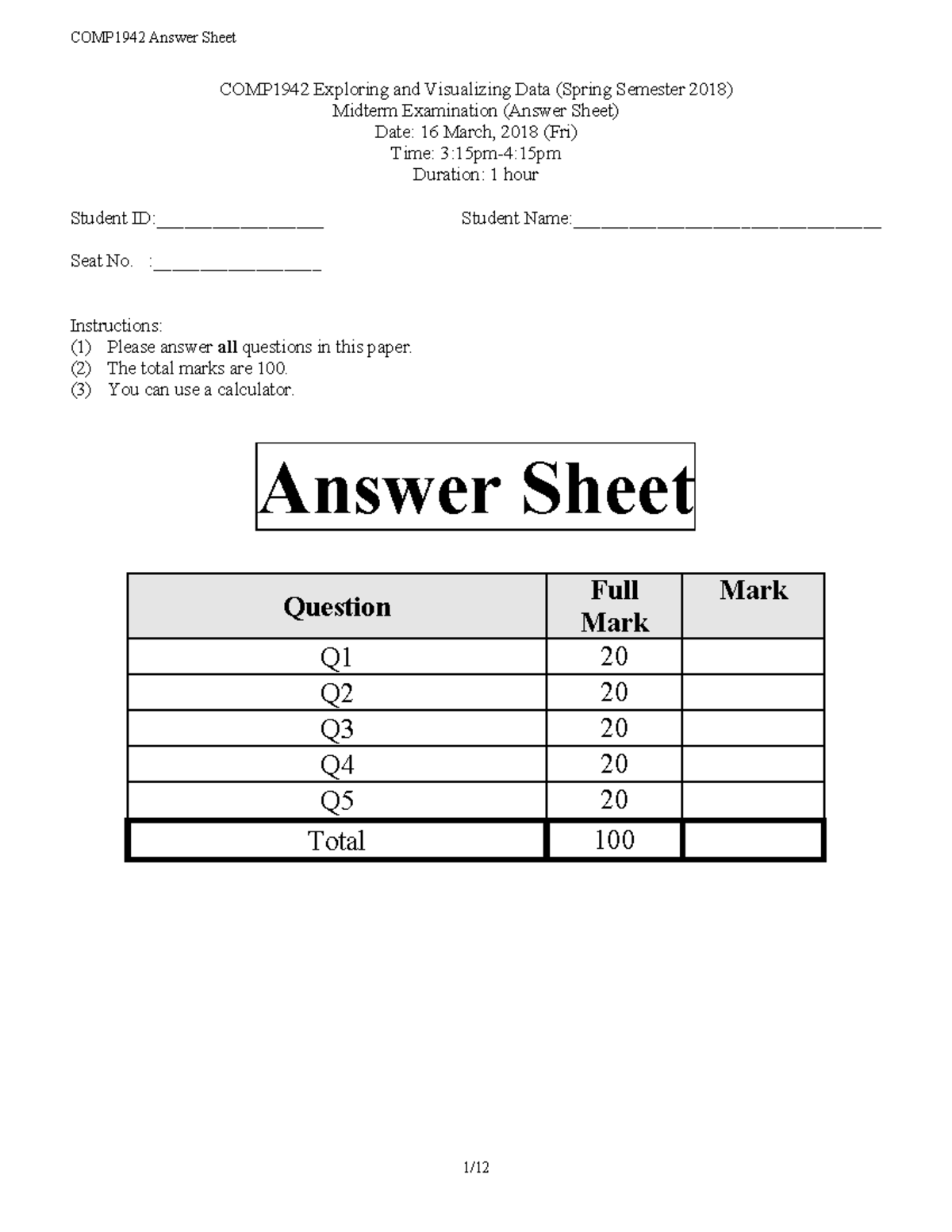 COMP1942 Midterm Exam Answer Sheet - Exploring Data (Spring 2018) - Studocu