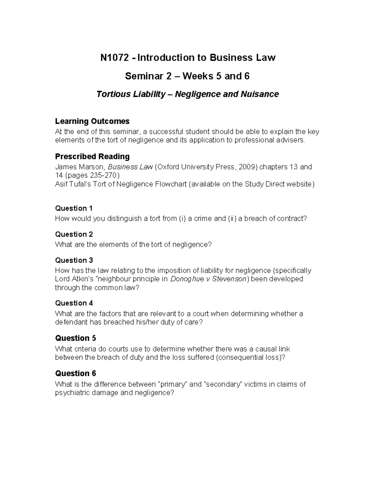 Bus Law Seminar 2 handout - N1072 - Introduction to Business Law ...