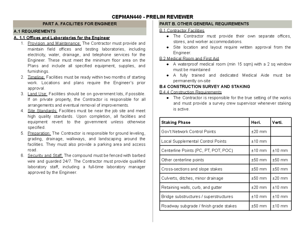 CEPMAN440 PRELIM REVIEWER: FACILITIES & EARTHWORKS REQUIREMENTS - Studocu