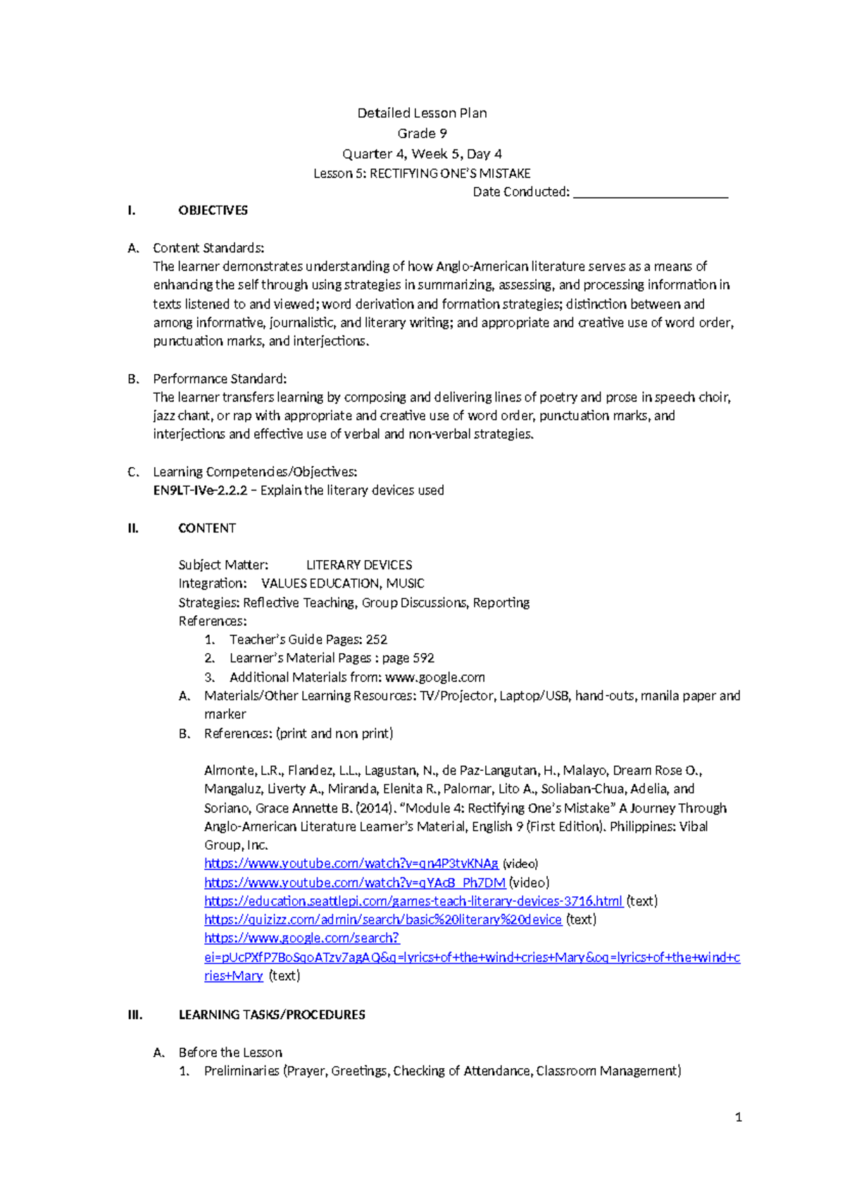 Grade 9 English Lesson Plan: Literary Devices (Week 5, Day 4) - Studocu
