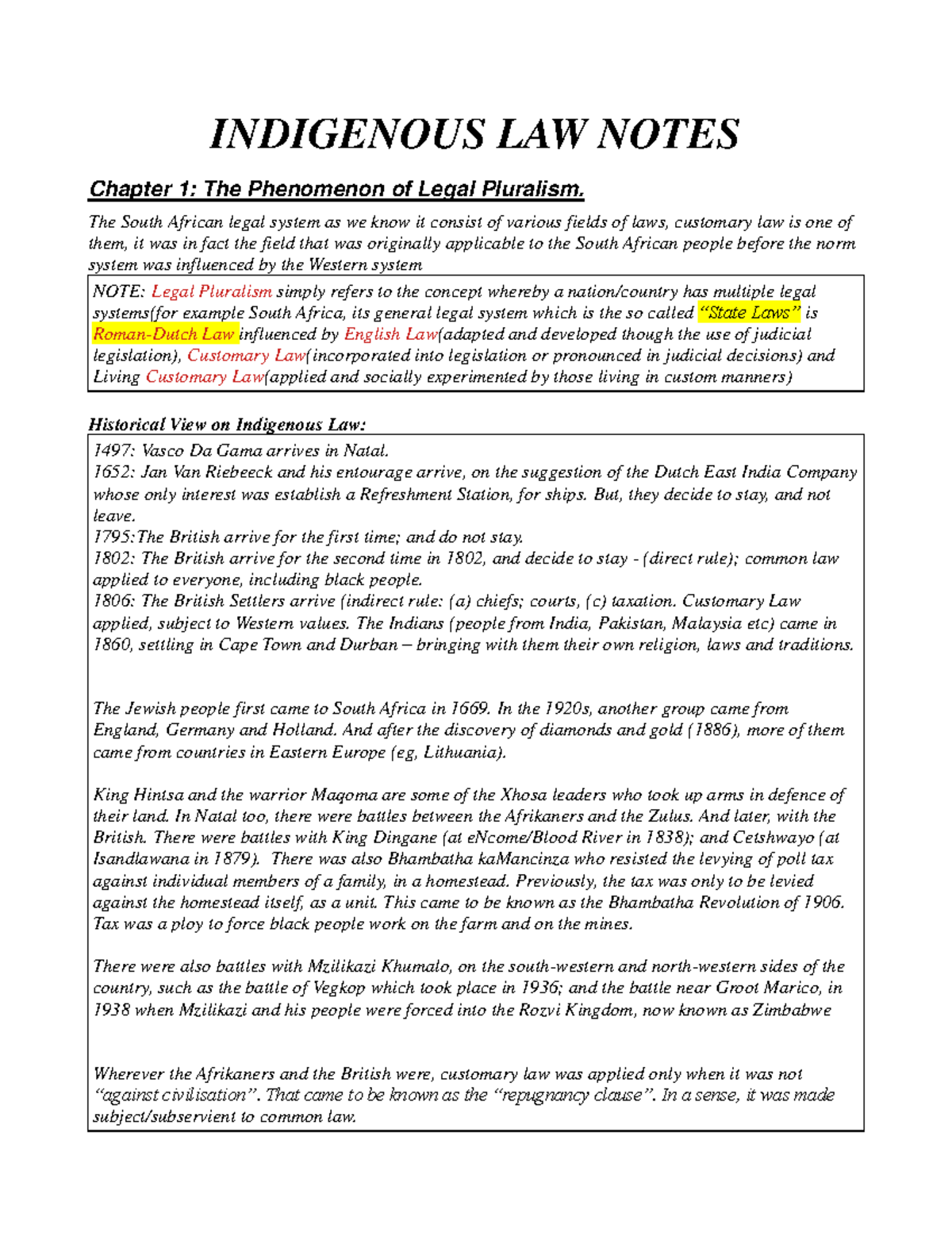 Indigenous LAW Chapter Notes: Legal Pluralism in South Africa - Studocu