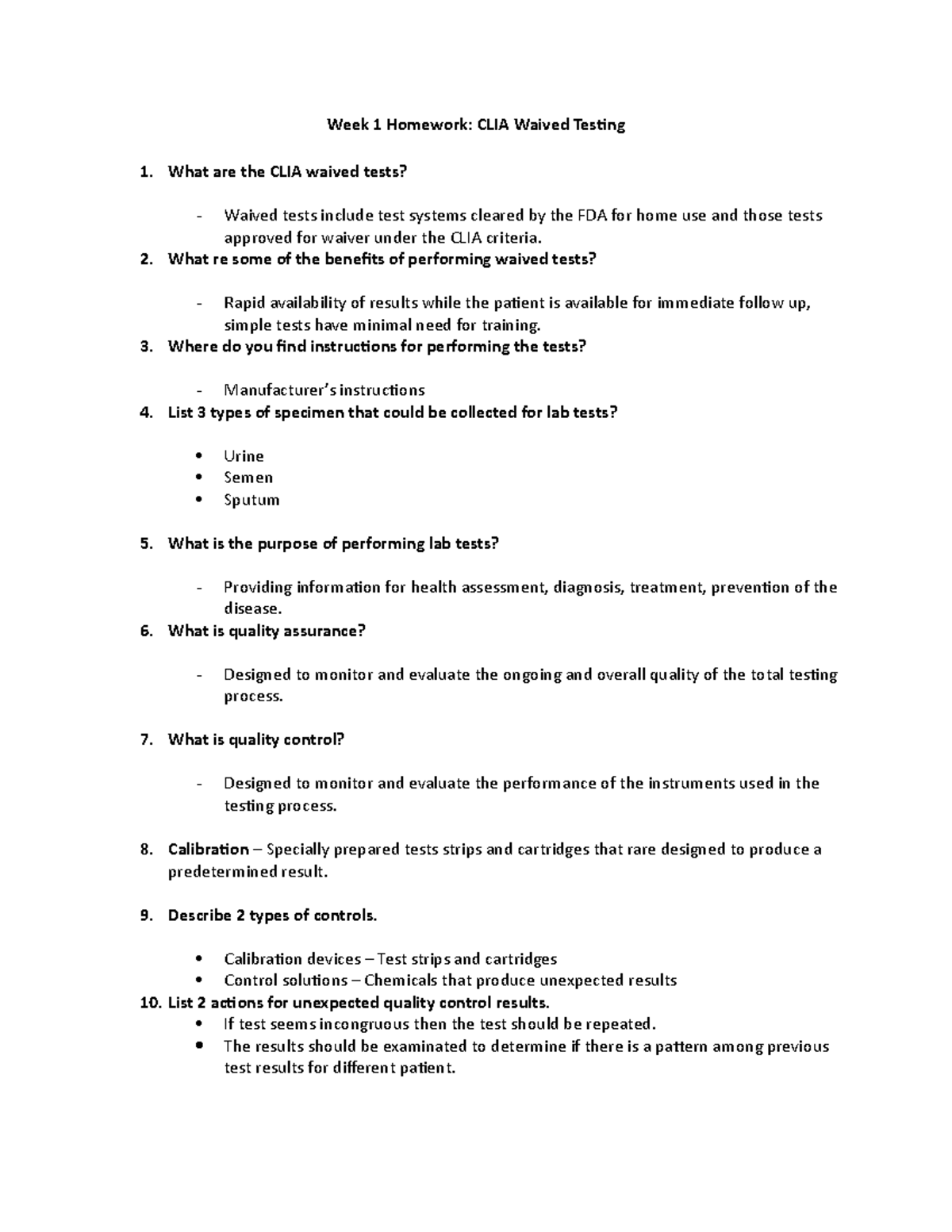 Week 1 Homework: Overview of CLIA Waived Testing Concepts - Studocu