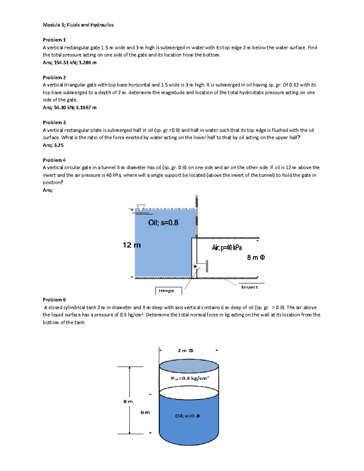 Fluid Mechanics (ME 301) Buoyancy and Hydraulics Exam Problems - Studocu