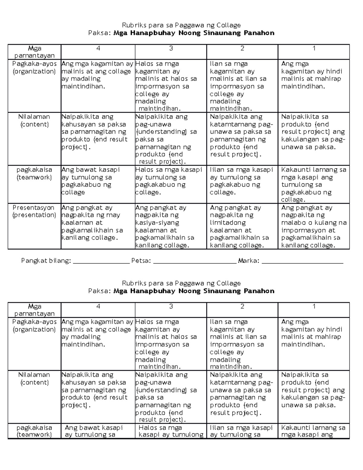 Rubriks para sa Collage sa Paksa ng Mga Hanapbuhay ng Sinaunang Panahon ...