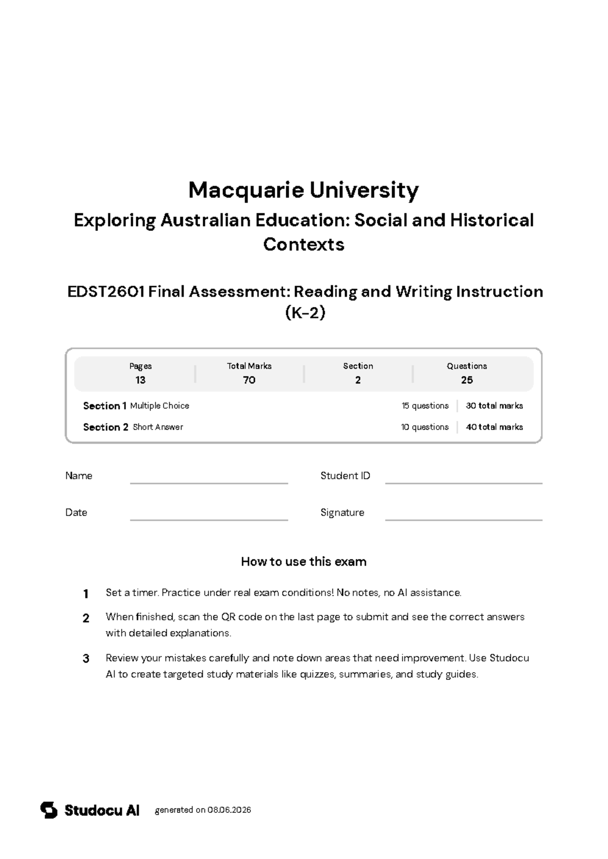 EDST2601 Final Exam: Reading and Writing Instruction (K-2) - Studocu