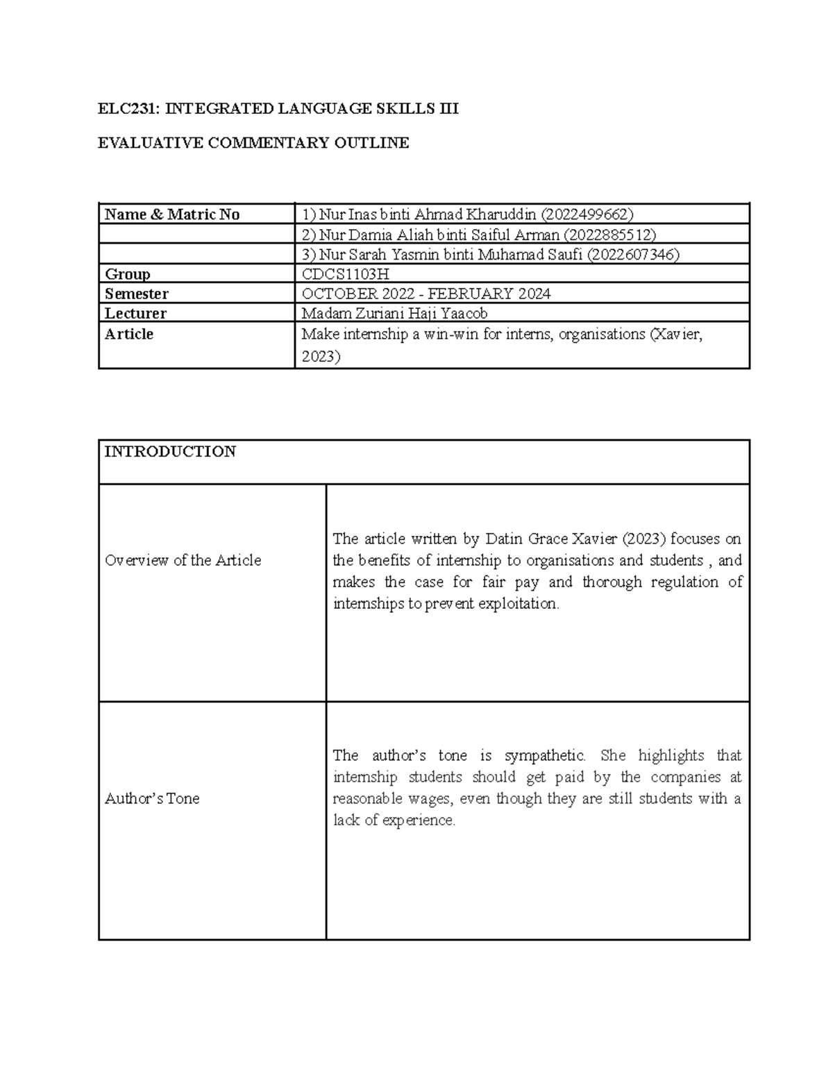 ELC231: Evaluative Commentary on Internship Benefits and Fair Pay - Studocu