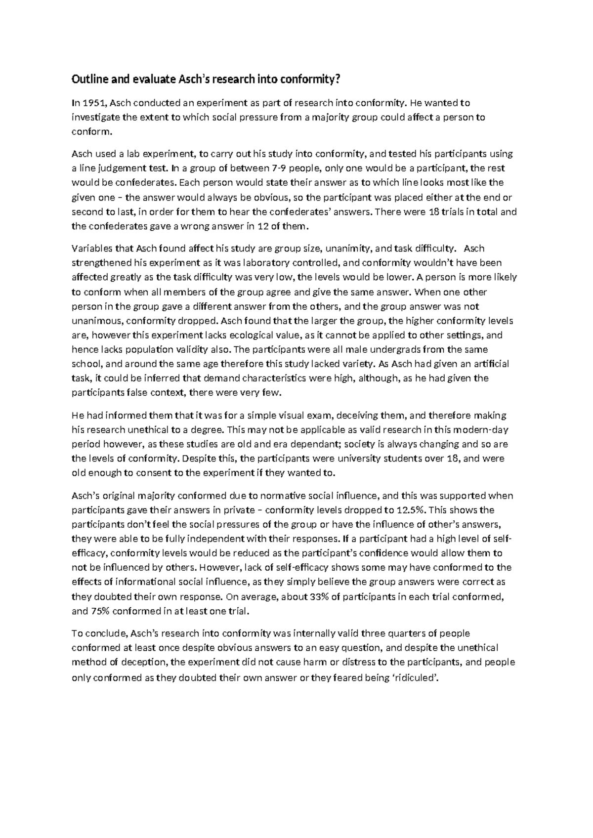Outline and Evaluate Asch's Conformity Research (Psychology 101) - Studocu