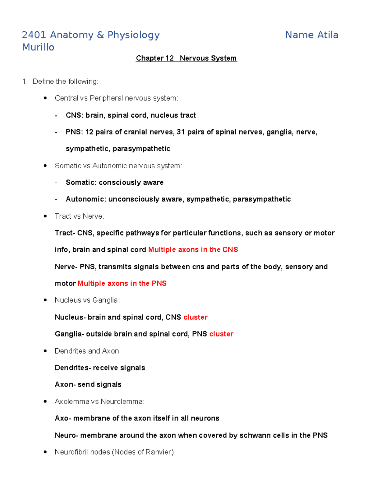 Anatomy & Physiology 2401: Nervous System Chapter Notes - 2401 Anatomy ...