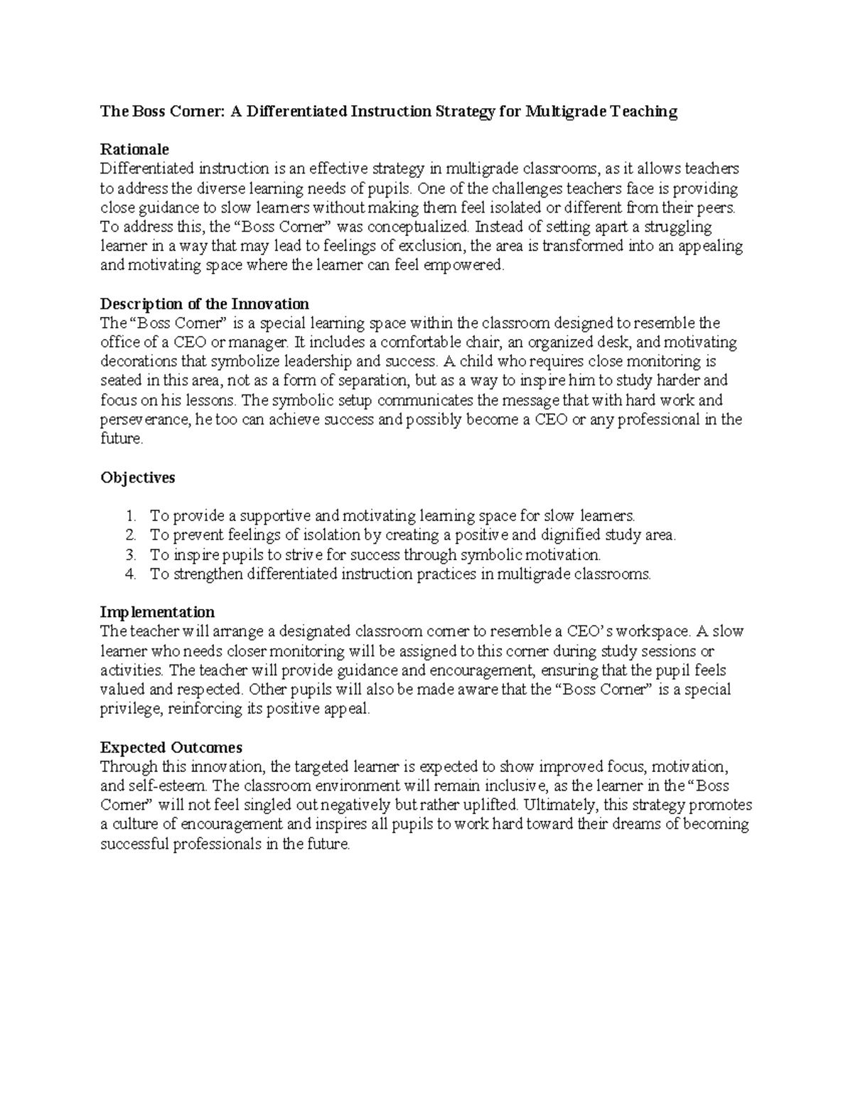 EDU 101: Sit Like a Boss - Differentiated Instruction Strategy - Studocu
