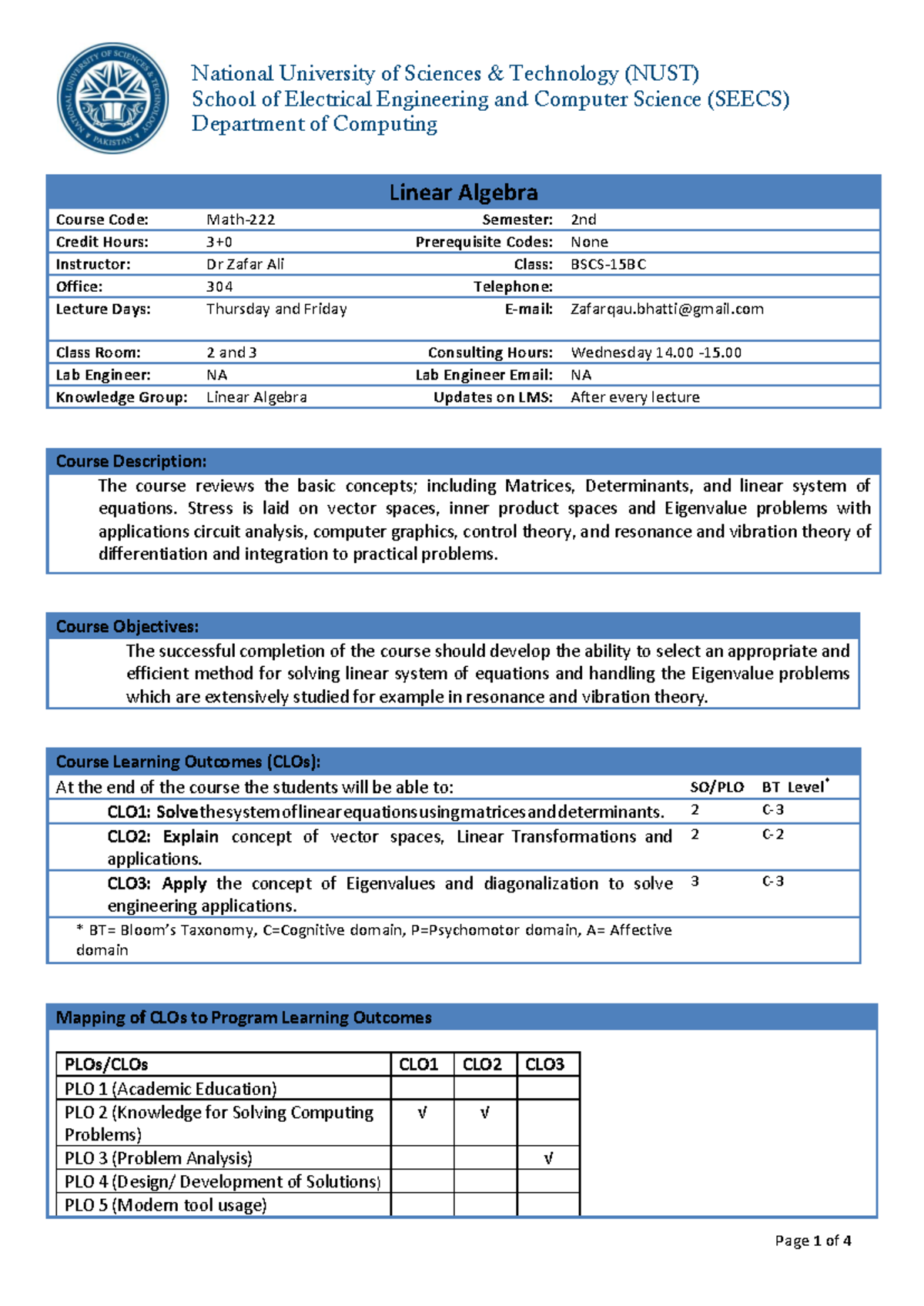 NUST SEECS Linear Algebra Course Outline and Objectives - Studocu