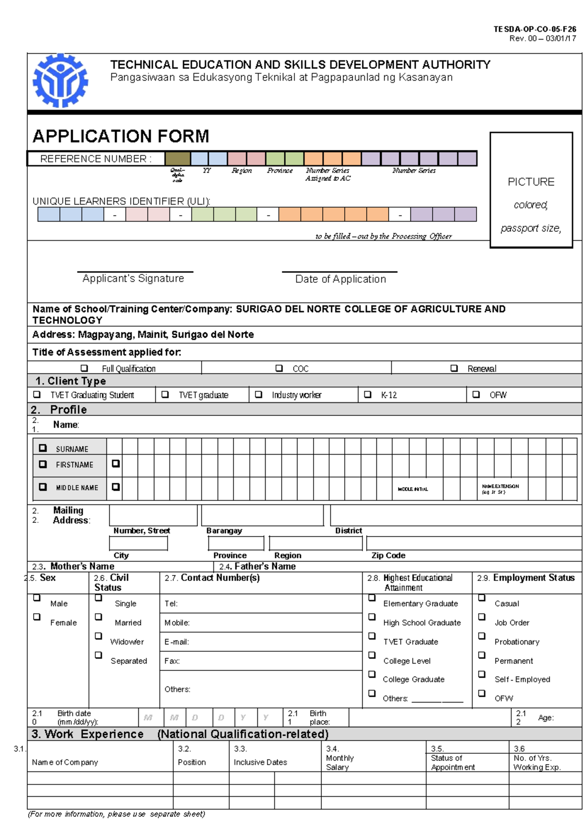 Application Form for COC 2 Assessment at SNCAT - Studocu