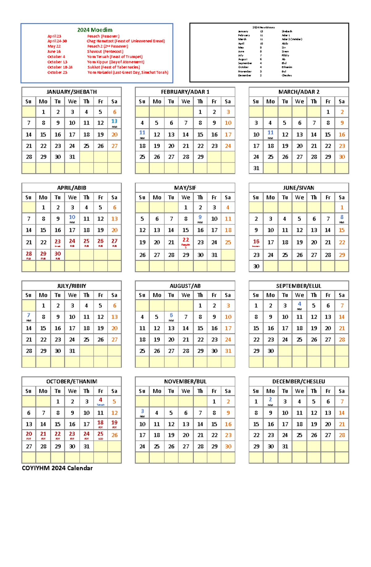 Coyiyhm-2024-Calendar - JANUARY/SHEBATH FEBRUARY/ADAR 1 MARCH/ADAR 2 Su ...