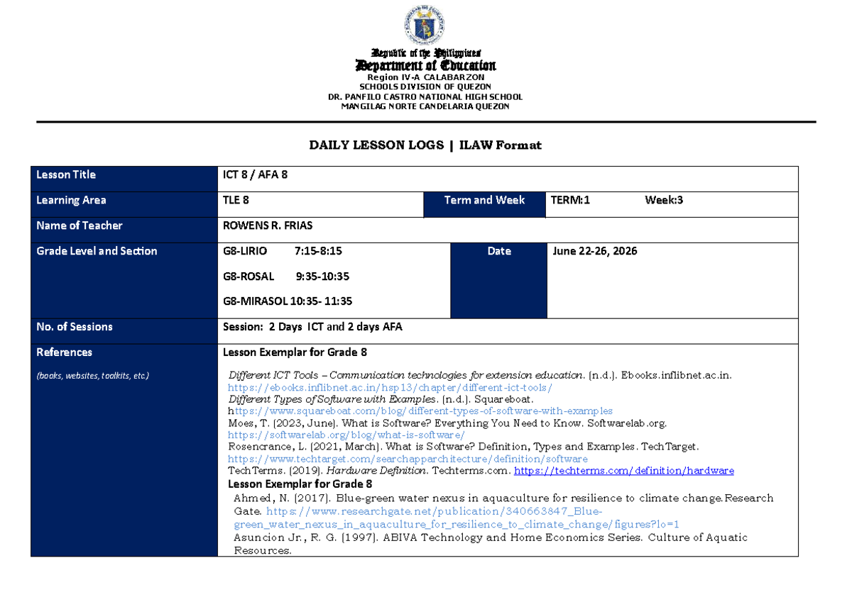 DLL ILAW Format for ICT & AFA 8 - Week 3 (June 22-26, 2026) - Studocu