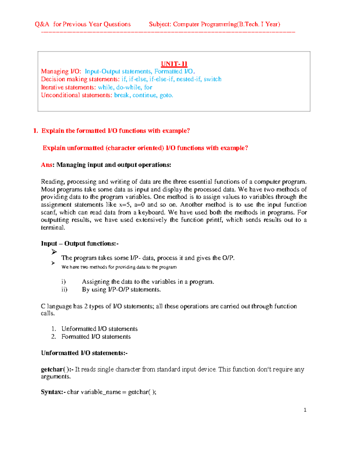 UNIT-II(Q A) cp - notes - UNIT- II Managing I/O: Input-Output ...