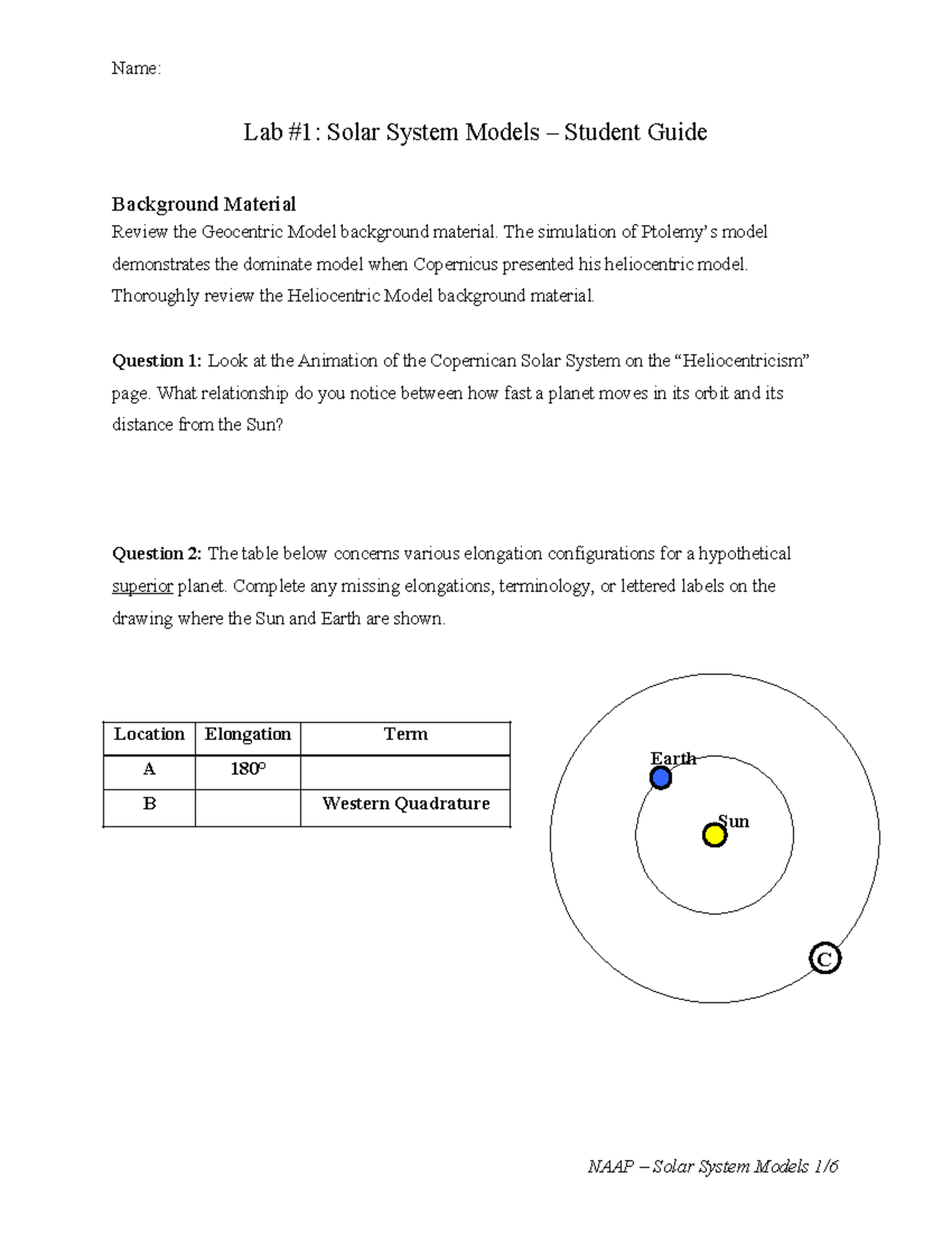 Lab 1 Student Guide - lab 1 - C Sun Earth Name: Lab #1: Solar System Models – Student Guide ...