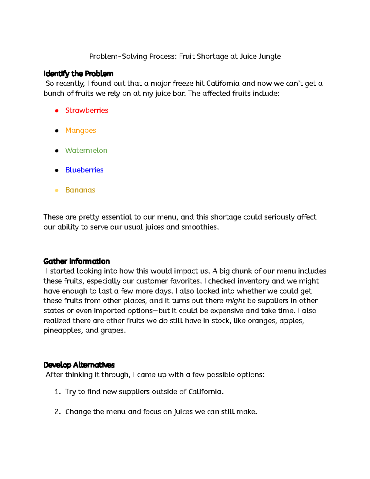 MOBP Problem Solving: Addressing Fruit Shortage at Juice Jungle - Studocu
