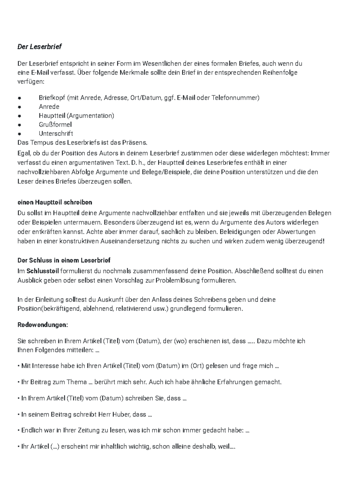 Leserbrief - Wichtige Hinweise und Struktur für den Schreibprozess ...
