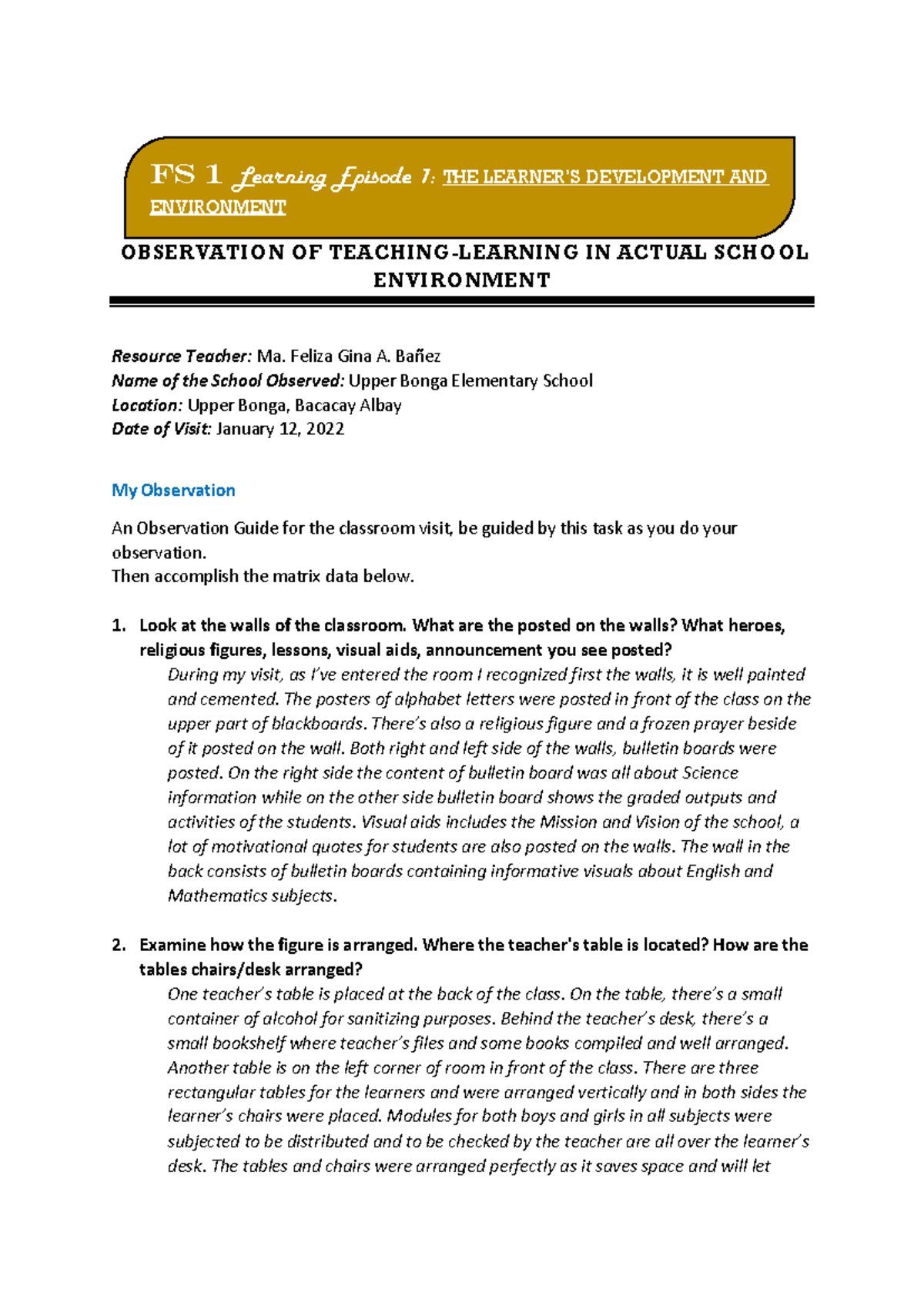 Field Study 1: Observations on Teaching and Learning Environments - Studocu