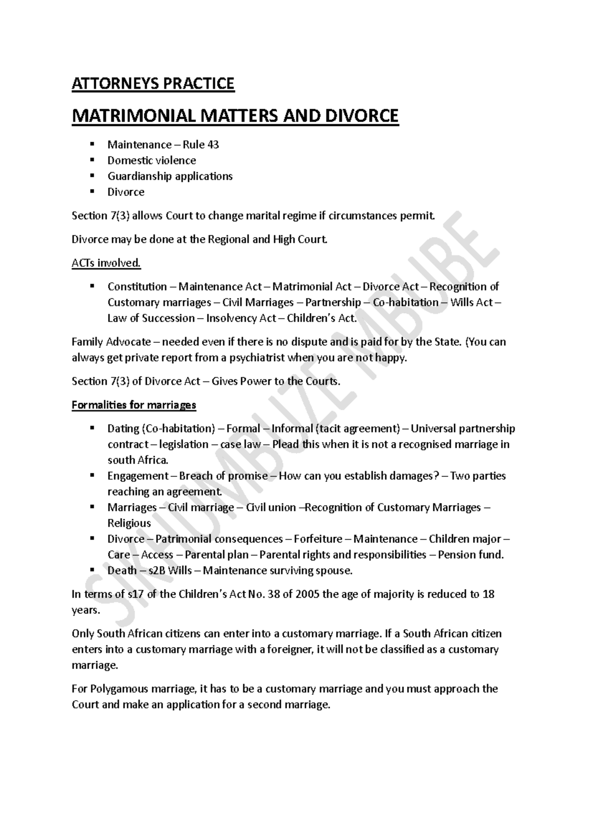 Summary for Paper 3 - Board exam - ATTORNEYS PRACTICE MATRIMONIAL ...
