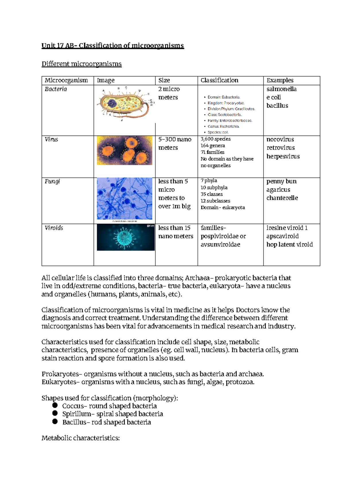 Unit 17 AB - Classification of Microorganisms and Their Characteristics ...