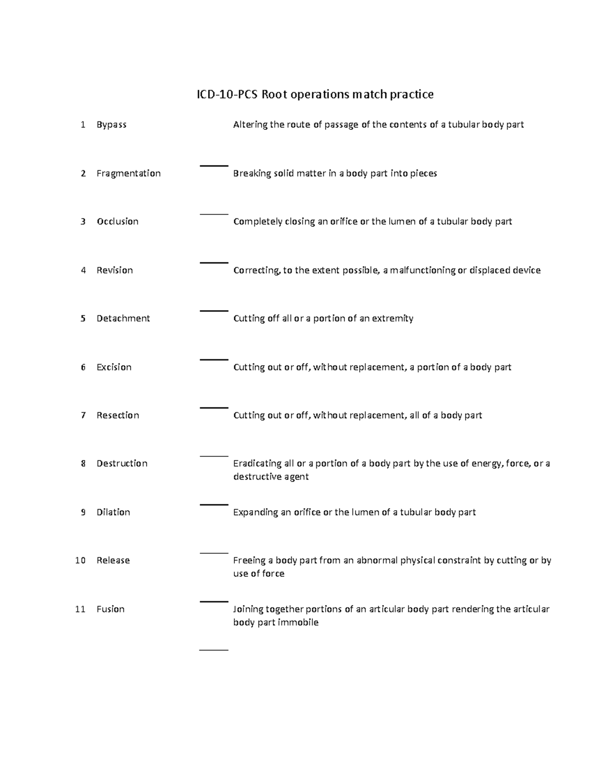 ICD-10-PCS Root Operations Matching Practice Exercises - Studocu