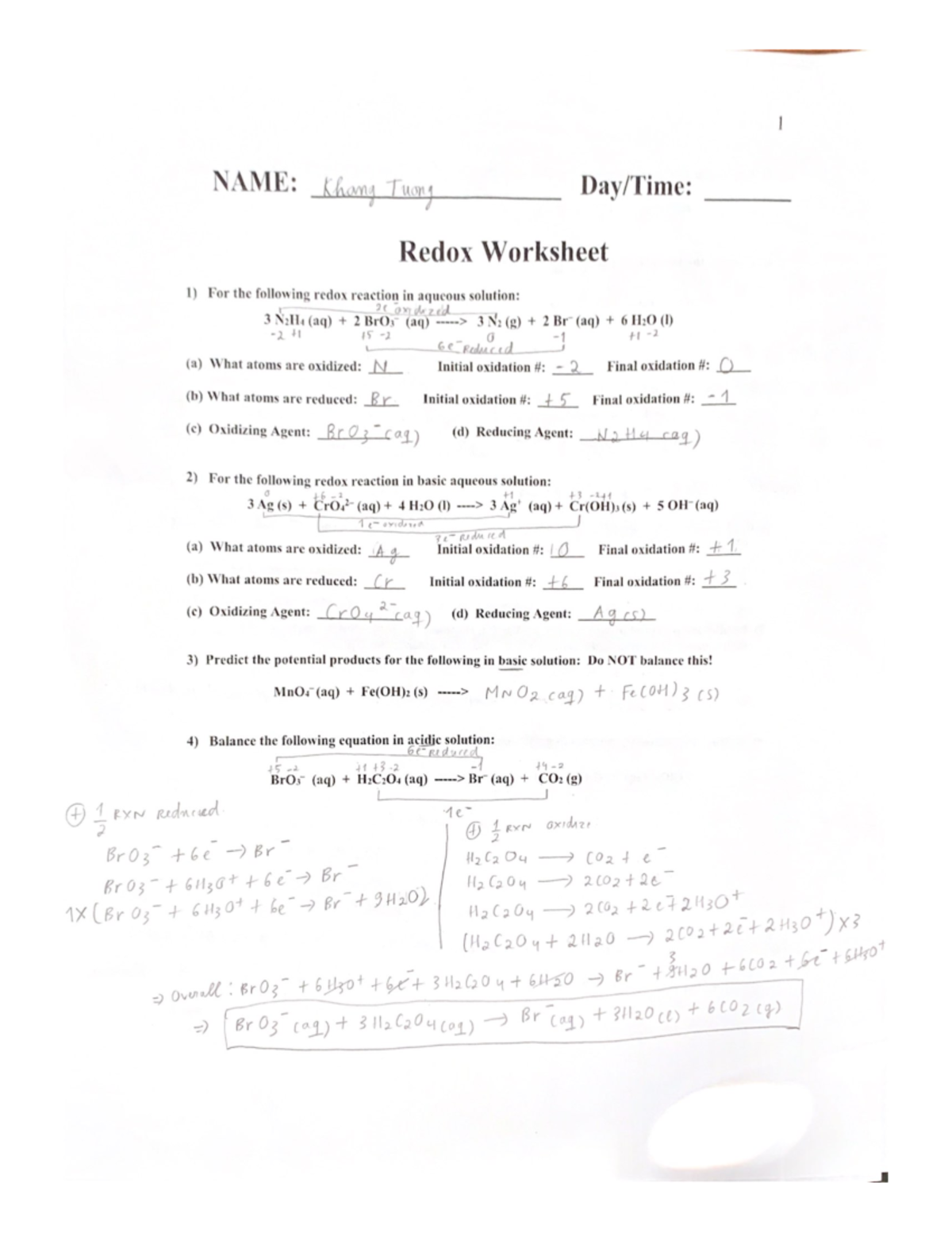 Redox Reactions Worksheet - Chem Lab (CHEM 101) - Studocu